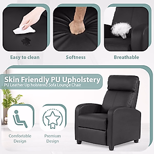 Ruesleag Recliner Chair Recliner Sofa Modern Reclining Chair w/Footrest Backrest Breathable Padded PU Leather Single Sofa Home Theater Seating Reclining Easy Lounge for Living Room Bedroom,Black