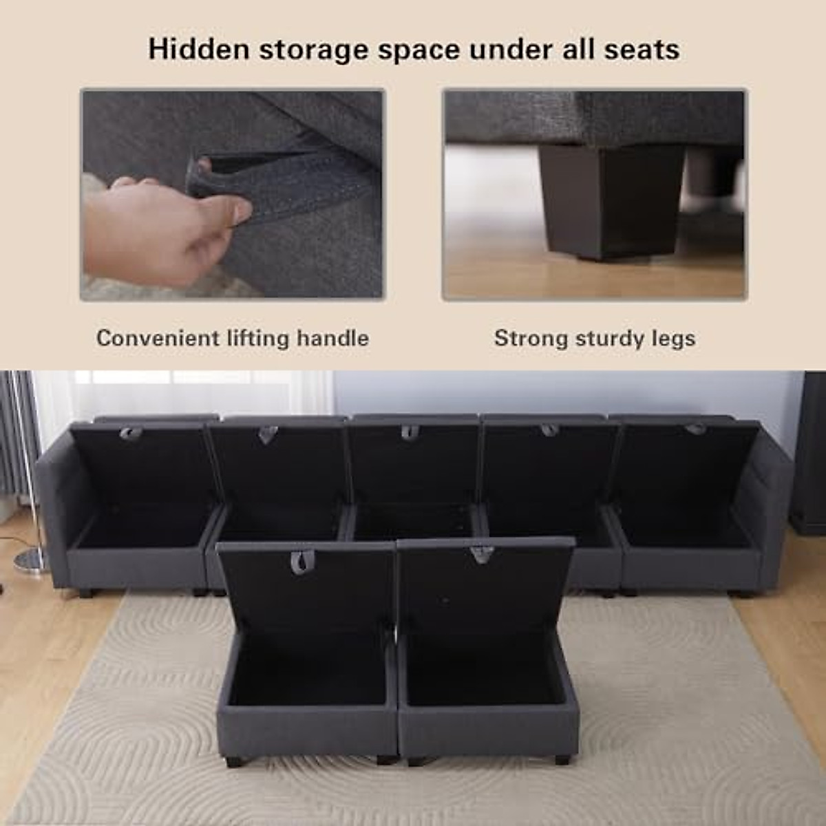 RVEE U-Shaped Convertible Sectional Sofa with USB Charging Station Wide Chaise Lounge Modern Modular Couch with Ottomans Sleeper Sofa with Storage Seat (Dark Gray, U-Shaped 7 Seater B)