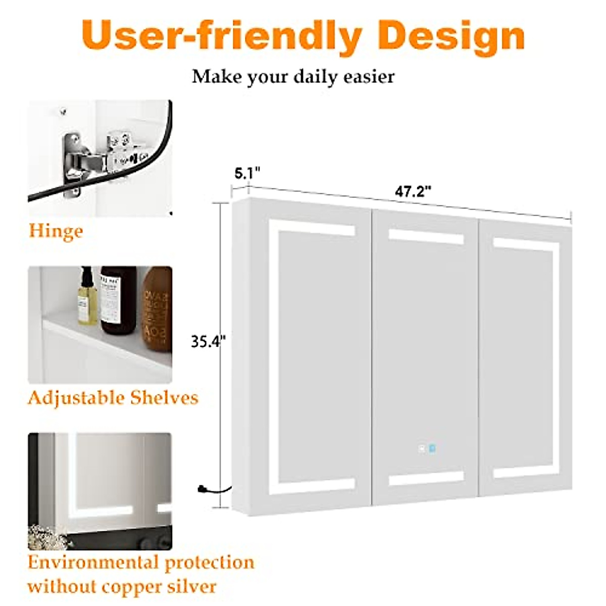 ECACAD LED Lighted Bathroom Medicine Cabinet with Mirror & Shelves, Wall Mounted Bathroom Mirror Cabinet with 3 Doors, Defogger， Adjustable Light Color & Brightness, White