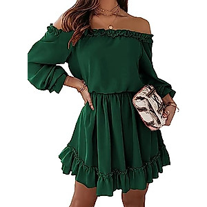 Dokotoo Womens Spring Fashion Long Sleeve Ruffle Off Shoulder Wedding Guest Dresses for Women Elastic Waist A Line Summer Casual Mini Dress Cute Flowy Sexy Party Clothing Green Large