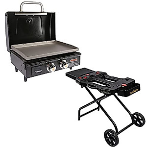 QuliMetal Portable Grill Cart & Griddle Stand and Portable Table Top Griddle, 22 Inch 2-Burner Propane Gas Flat Top Grill with Hood, 24,000 BTUs Camping Grill with Carry Bag