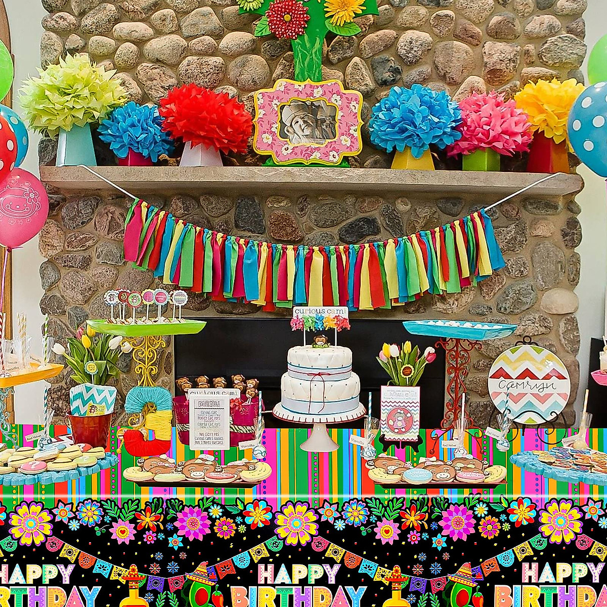 PHOGARY 3 PCS Fiesta Tablecloths for Mexican Themed Birthday Party Decorations, Fiesta Party Decorations Plastic Tablecovers for Mexicana Taco Night, Cinco De Mayo, Colourful Stripes 51" x108"