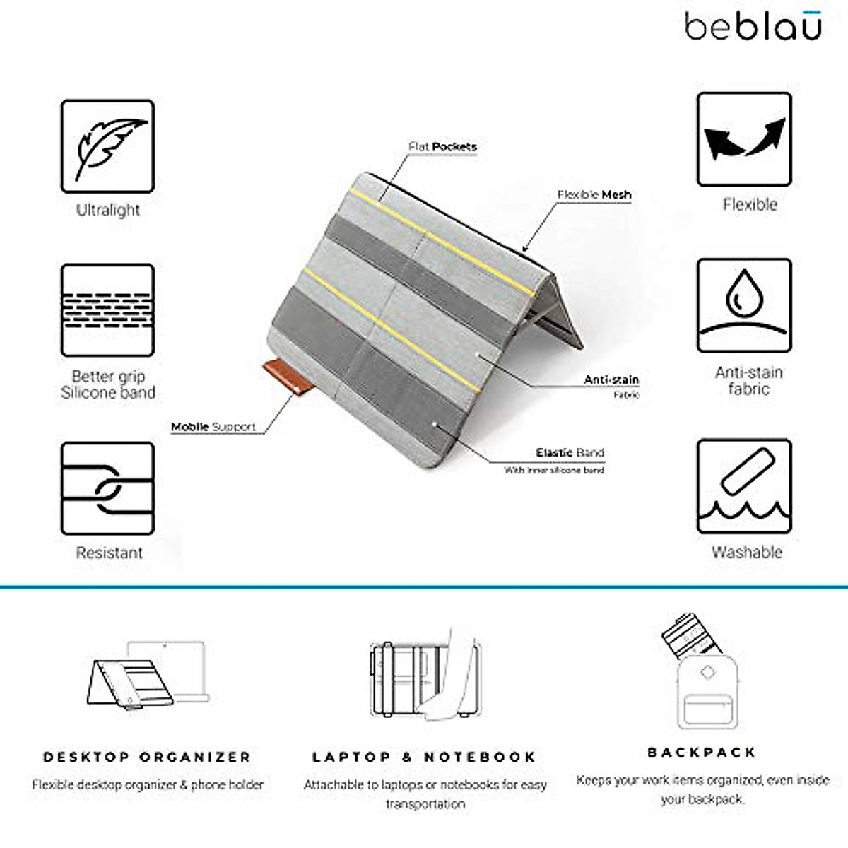 Beblau FOLD Portable Tech Organizer attachable to your Devices | Desktop Organizer Office, Home & School | Working from Home Solution | Laptop accessories Backpack Insert FATHERS GIFT| DARK