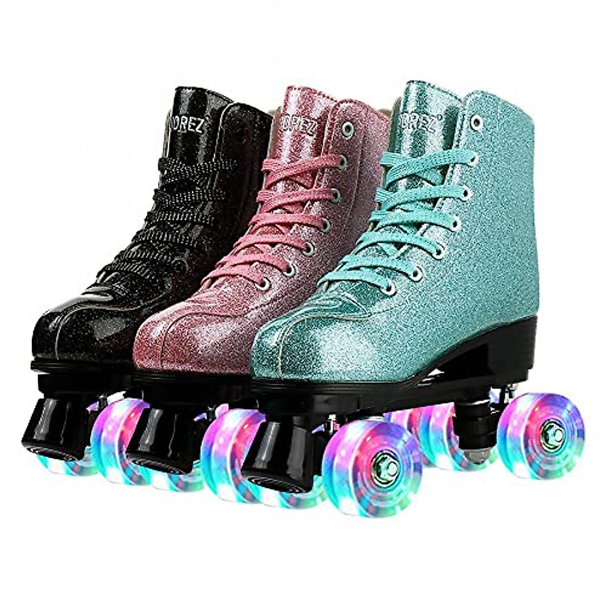 Comeon Roller Skates for Women PU Leather Roller Skates High-Top Leather for Beginners Teens for Woman,Girls and Boys,Adult (Green crystal,flash wheel,250/uk5.5/eur38)