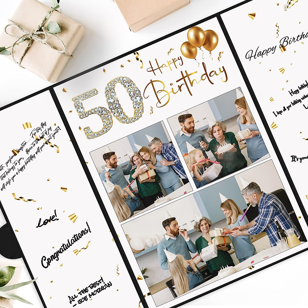 DARUNAXY Black Gold 50th Birthday Party Decorations, Happy 50th Birthday Alternative Signature Guest Book for Men Women 50 Years Old Table Sign Picture Frame Gift 50 Birthday Card Board Party Supplies