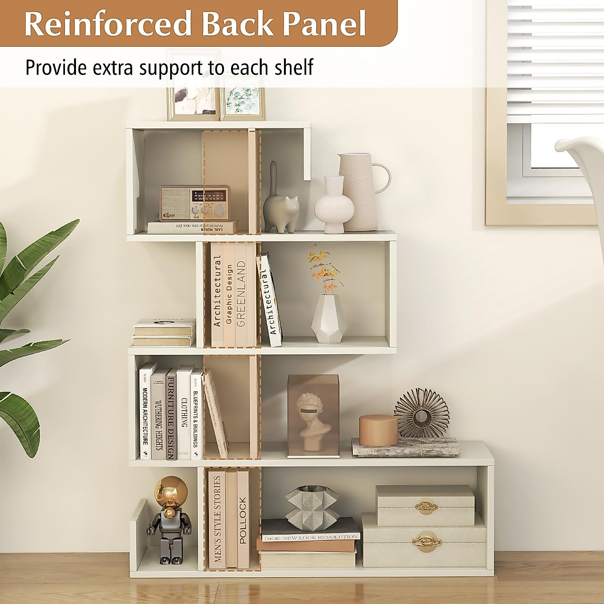 Tangkula S-Shaped Bookshelf, 5-Tier Modern Geometric Stepped Bookcase with Anti-Tipping Kits, Freestanding Corner Ladder Display Rack for Living Room Home Office (1, White)