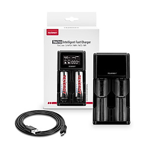Tenergy TN471U 2-Bay Universal Battery Charger with LCD for Li-ion/NiMH/NiCD Rechargeable Batteries, Micro USB Input, Portable Charger for Batteries Sizes 18650, 16340, 26650, AA, AAA, and More