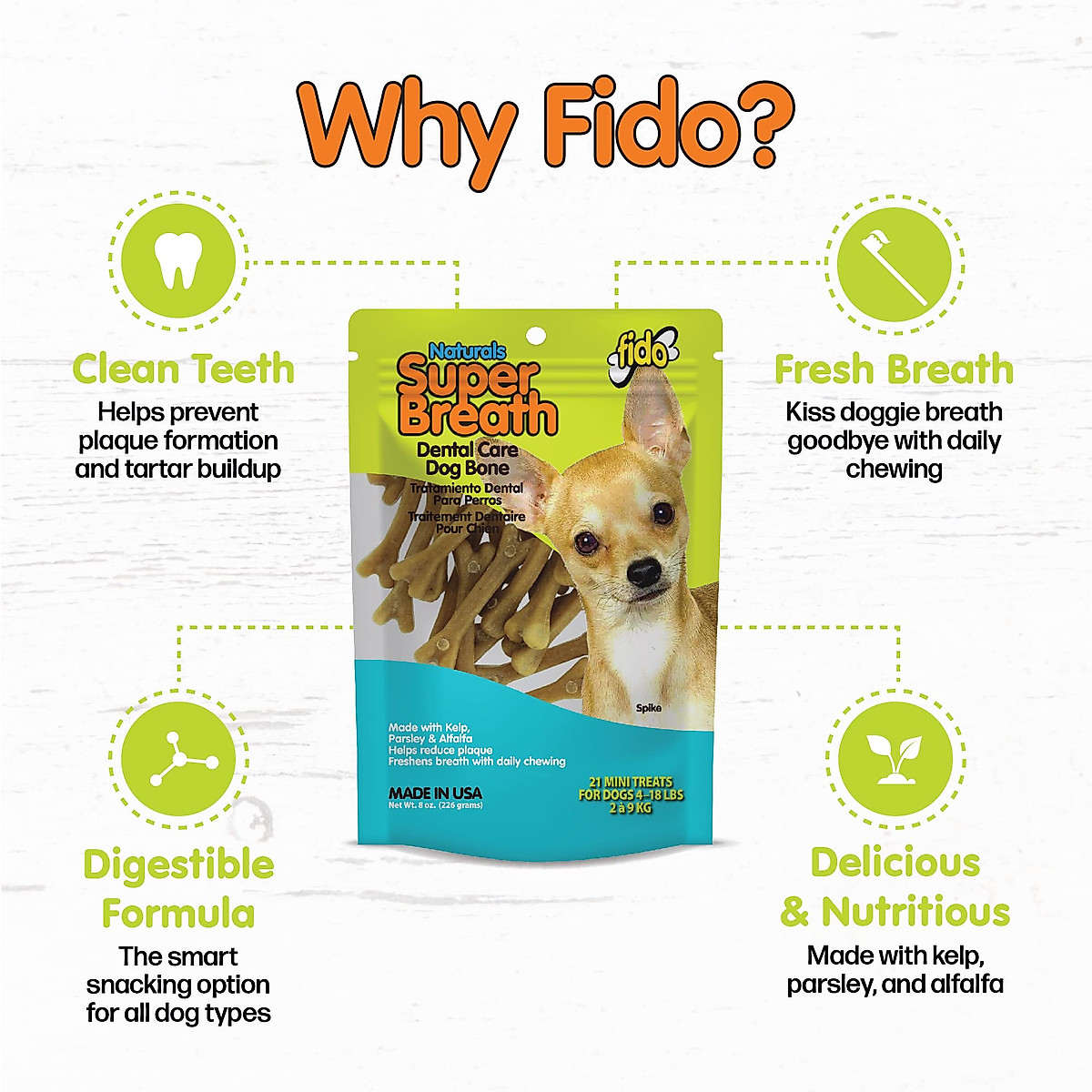 Fido Super Breath Dental Care Bones for Dogs - 21 Treats Per Pack (3 Pack) - Dog Dental Treats for Small Dogs (Made in USA) - Dog Dental Chews Help Reduce Plaque, Tartar Buildup, and Freshens Breath