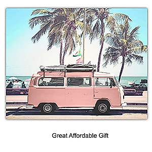 Beach Decor - Beach Wall Art - Tropical Palm Trees, Surfing Posters 8x10 - Unique Home Decor for Lake or Ocean House, Bathroom, Bedroom, Living Room, Office - Gift for Surfers - Nautical Photo Set