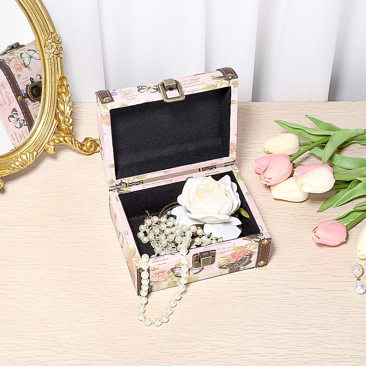 ELLDOO Decorative Treasure Chest Box, Wooden + PU Leather Storage Box for Jewelry Trinkets, Keepsakes box for Girls Women Gifts (Butterfly Pattern, Small)