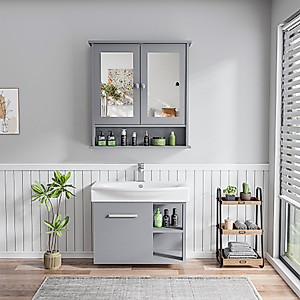 Lifetime Home Modern Bathroom Wall Cabinet with Mirror & Adjustable Shelf - Wall Mounted Utility Medicine Cabinet for Kitchen, Living Room Garage Laundry Room - Wooden Storage Over Sink Toilet