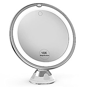 Updated 10x Magnifying Lighted Makeup Mirror with Touch Control LED Lights, 360 Degree Rotating Arm, and Powerful Locking Suction Cup, Portable Magnifying Mirror for Home, Bathroom Vanity, and Travel