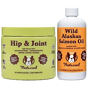 Natural Dog Company Healthy Joint Travel Bundle, includes (1) Hip and Joint Chews Supplement - 90 pcs glucosamine chondroitin for dogs, (1) Wild Alaskan Salmon Oil - 8 oz Salmon oil for dogs on the go