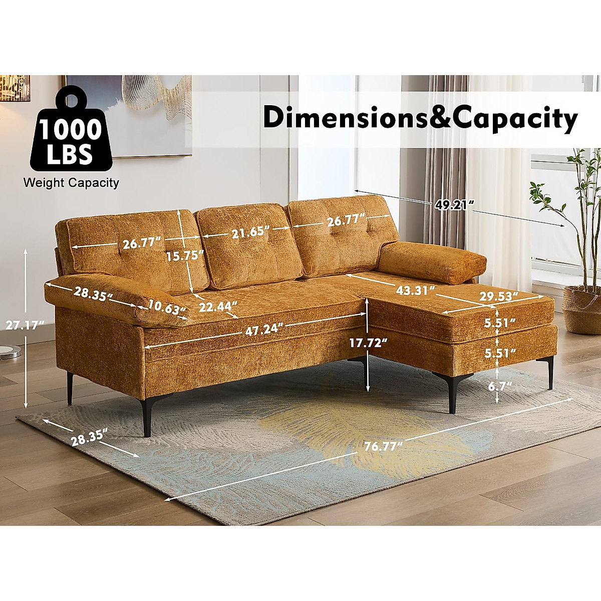 WOTSTA 82.7" Convertible Sectional Sofa, L Shaped Couch with Reversible Chaise, Modern Chenille Sectional Sofa for Living Room, Comfy 3 Seat Sofa Couch for Apartment, Small Spaces(Yellow)