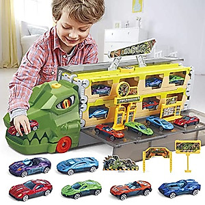 Dinosaur Cars Toys with 81.5inch Dino Track, Carrier Transport Dinosaur Truck with 6pcs Die-cast Cars Toys for Kids 3 4 5 6, Parking Lot Garage Kids Toys for Boys 3-5 5-7 Years Old Gift