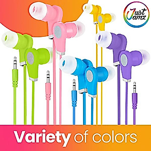 JustJamz Bulk Earbuds Bits, 100 Pack of Colorful in-Ear Earbuds, 3.5mm Stereo in-Ear Earphones, Bulk Earbuds, Disposable Headphones, Multi-Color Earphones for Schools, Kids, Classrooms & Libraries