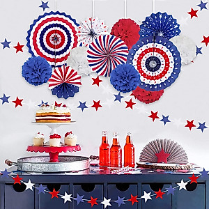 MOVINPE 4th of July Patriotic Party Decorations Set, American Flag Hanging Paper Fans, Paper Flower Balls Pom Poms, 4Pcs Star Streamers Banner Garland Independence Day Party Supplies