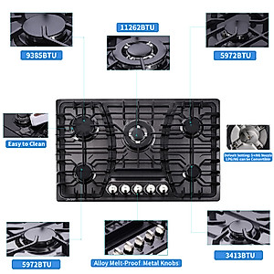 Anlyter 30 Inch Gas Cooktop, 5 Burners Built-in Gas Stovetop Stainless Steel LPG/NG Convertible Gas Stove Dual Fuel Sealed Gas Hob - Black