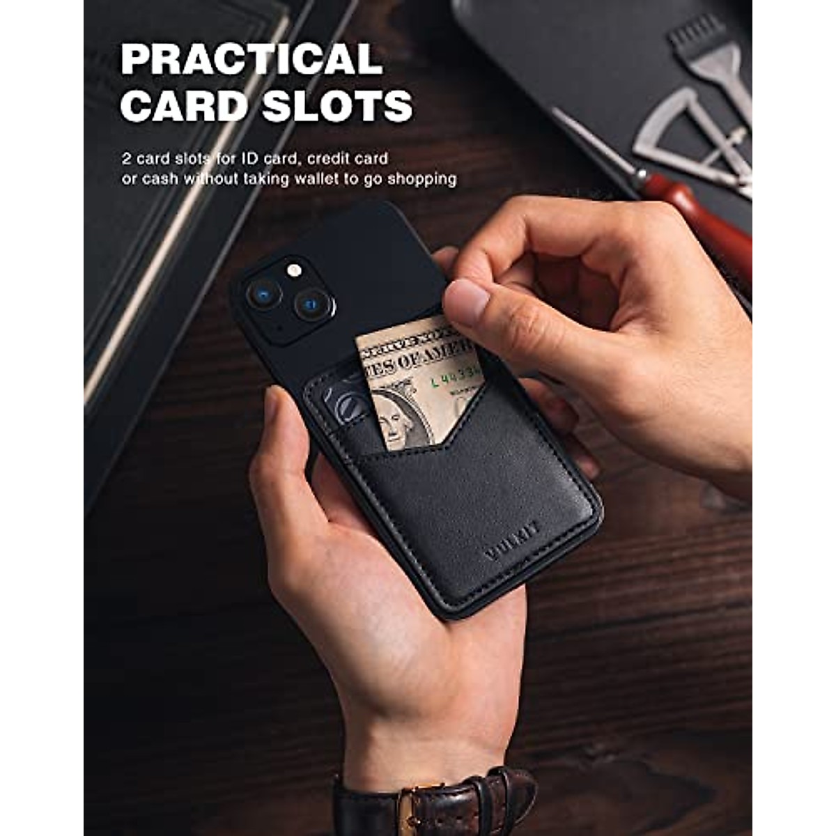VULKIT Cell Phone Wallet, Card Holder for Back of Phone Leather Adhesive Pocket RFID Blocking Credit Card Sleeves Black
