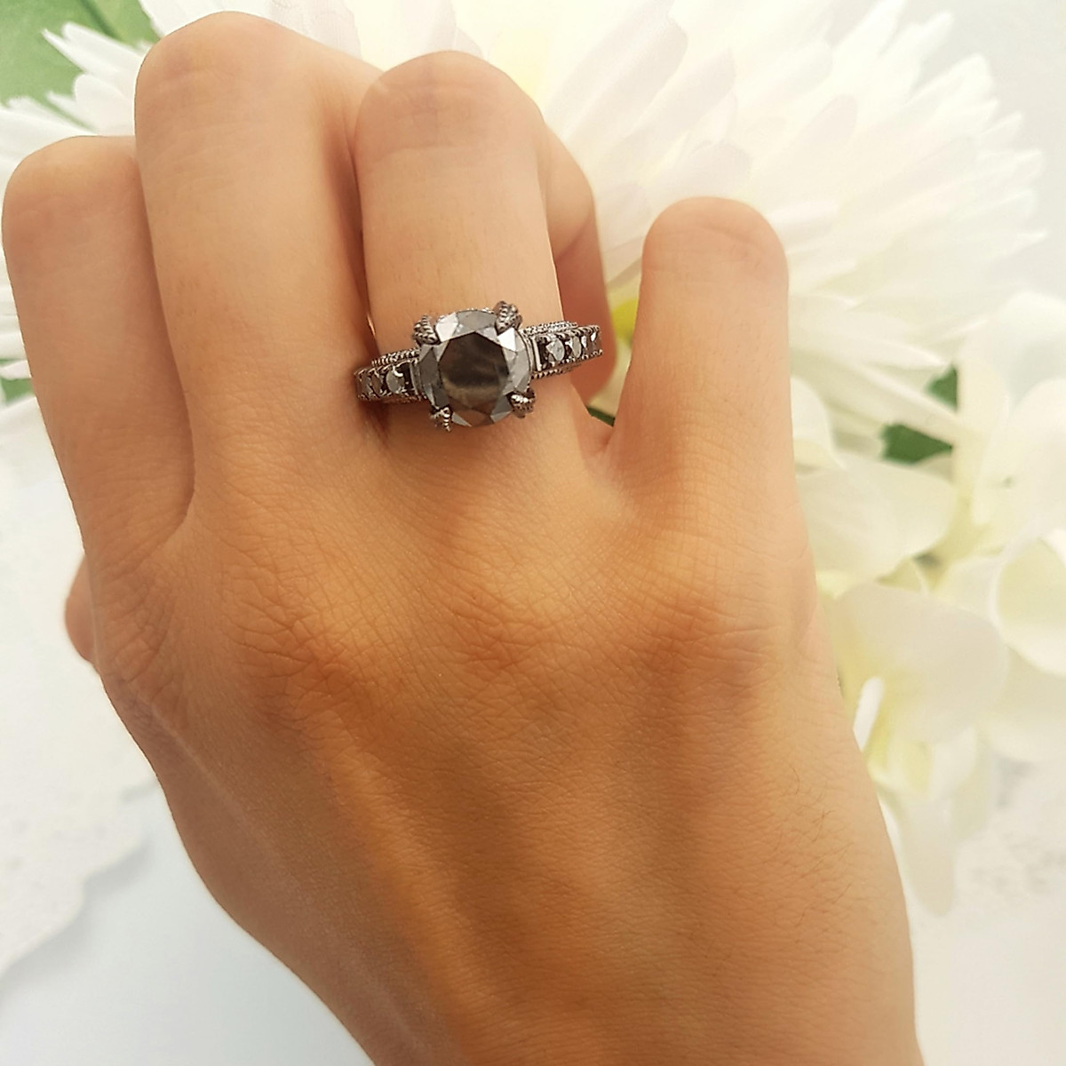Dazzlingrock Collection 4.00 Carat Round Black & White Diamond With Solitaire With Accent Art Deco Engagement Ring in Black Plated 18K White Gold, Size 5
