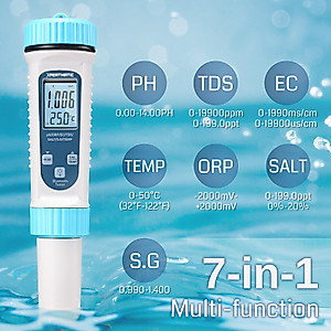 XpertMatic Digital PH Meter, 7in1 PH TDS EC SALT TEMP S.G ORP, High Accuracy Water Tester, Bluetooth Control, for Pool, Hydroponics and Aquariums