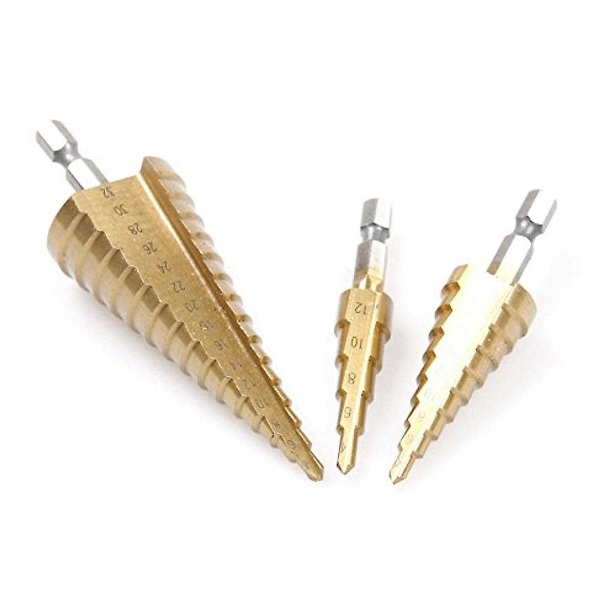 Dtacke 3pc 1/4" Hex shank Titanium Coated HSS Steel Step Drill Bit Cone Drill Hole Metal Cutter Bit Set