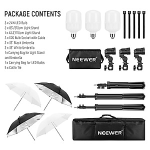 NEEWER 600W Photography Lighting Kit, Incandescent Equivalent Studio Kit with (2)White Umbrella, (2)Black Umbrella, (3)24W LED Bulb, (3)Light Stand, (2)Bag, (5)Cable Tie, (3)E26 Socket Base, NK500