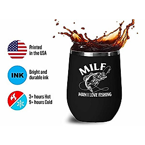 Fishing Black Edition Wine Tumbler 12oz - MILF Man I Love Fishing - Fishing Fisherman Fish Lover Retirement Hook Bait Reel Rod Spooling Fisher Dad Outdoor Hobby