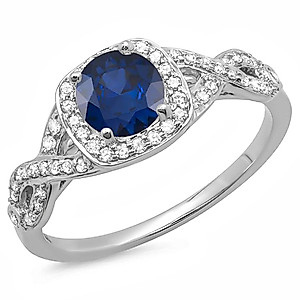 Dazzlingrock Collection 14K Round Blue Sapphire & White Diamond Swirl Split Shank Halo Engagement Ring, White Gold, Size 5