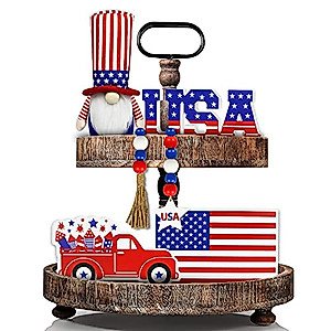 4th of July Tiered Tray Decor - 5 Pcs New Year Wooden Decor Bead Garland & Plush Gnome, Stars and Stripes Wooden Signs Patriotic Decorations for Independence Day Memorial Day Presidents Day