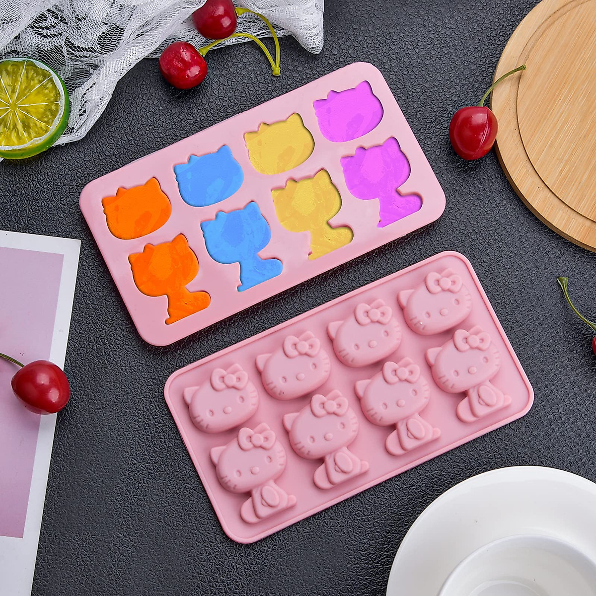 Hello Kitty Silicone molds,Small ice mold,Chocolate tray for Sugarcraft, Birthday Cake Decoration, Gum paste Icing, Candy Chocolate Cupcake Topper Decorating and DIY Baking Tools 8 Cups 2 pack