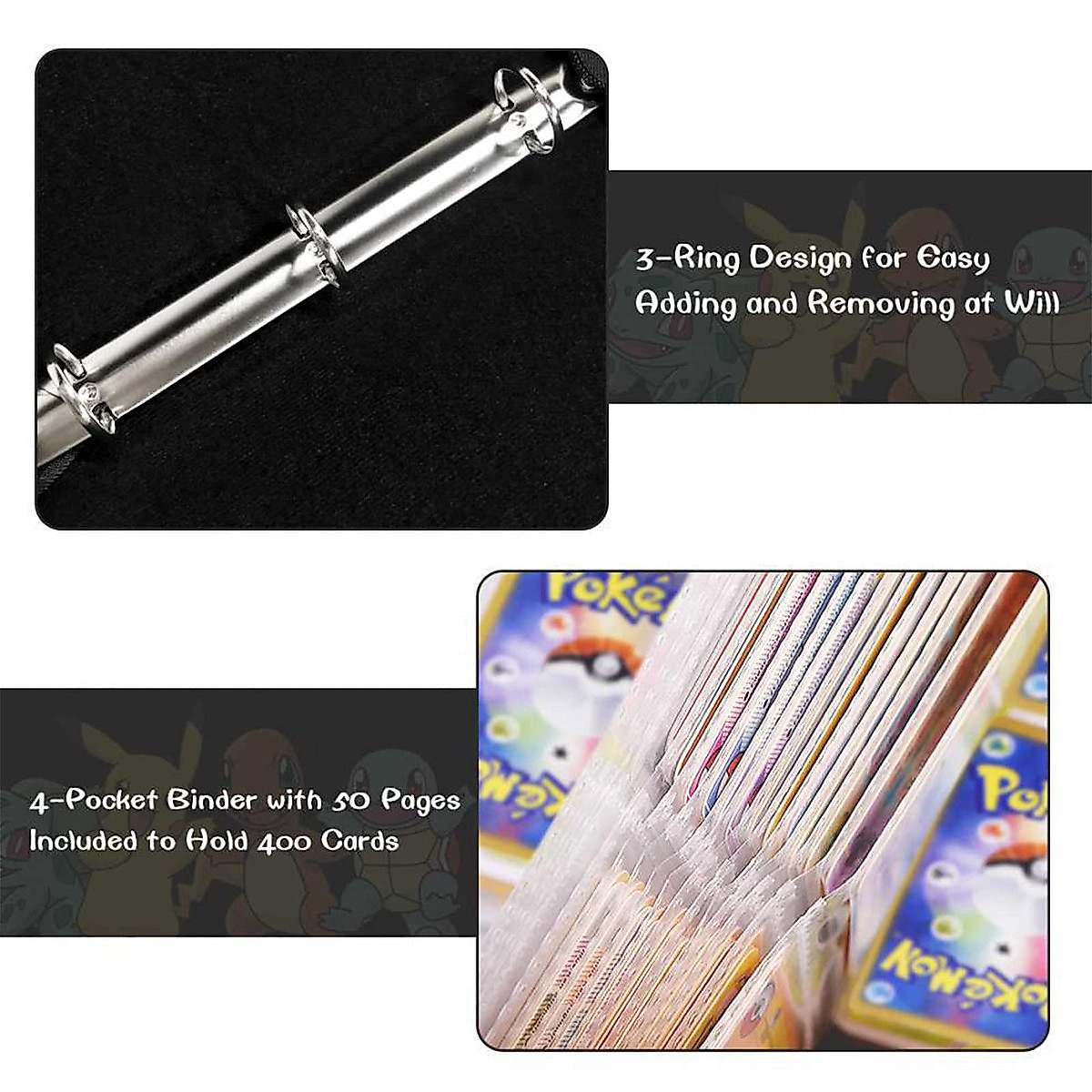 Hooshion Card Binder 4-Pockets, Pokemon Card Binder, 400 Pockets Card Holder, Trading Card Binder, Sports Card Binder with Sleeves, Compatible with Pokemon Cards, Football Card Sports