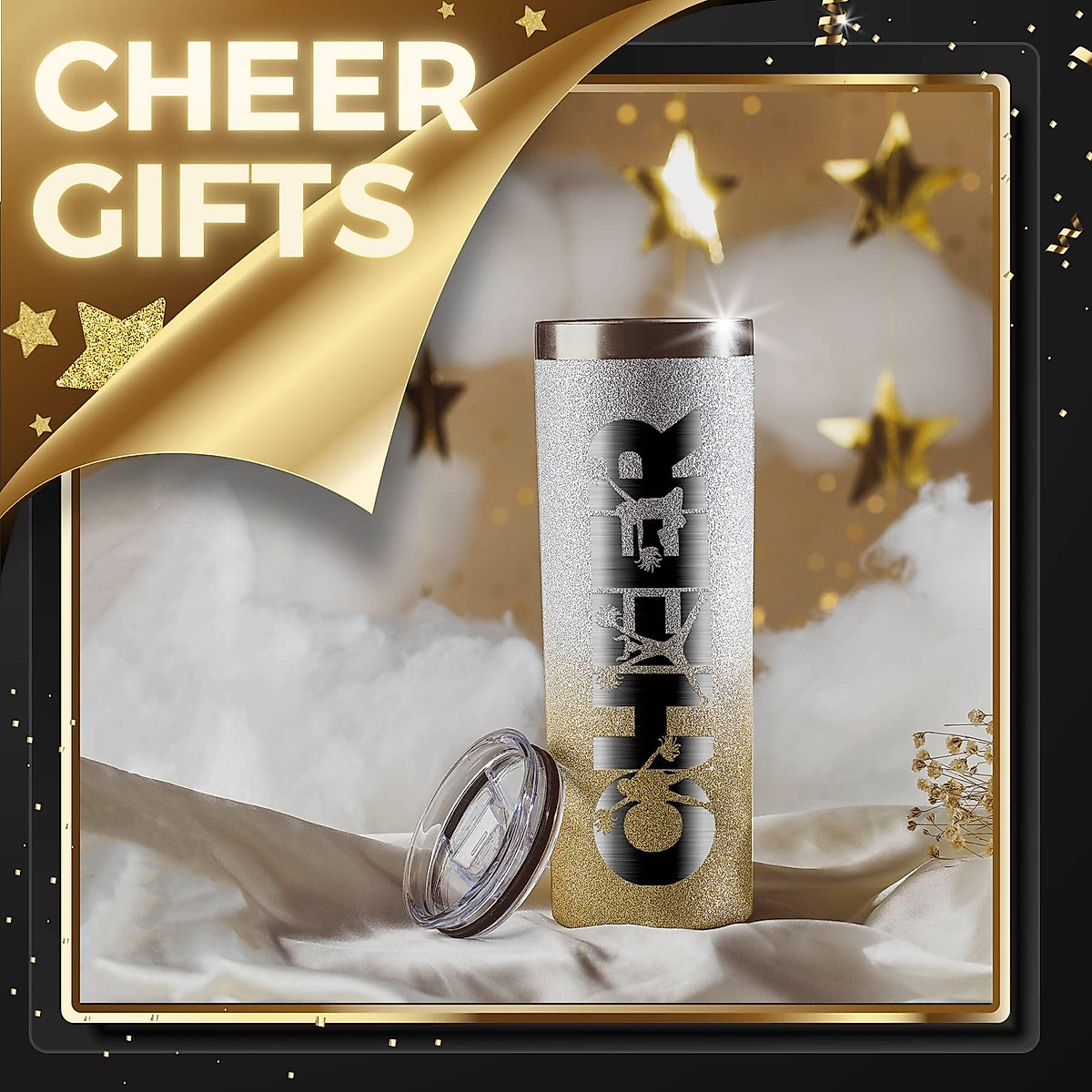 Onebttl Cheerleader Glitter Tumbler Gifts For Girls - Cheer - 20oz/590ml Stainless Steel Insulated Tumbler with Straw, Lid - Gift for Cheerleading, Coach or Cheer Squad - (Gold-Silver Gradient)
