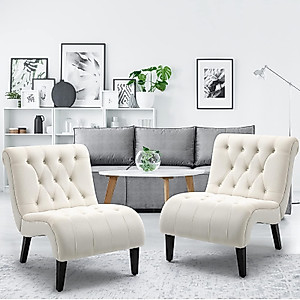 AVAWING Armless Accent Chair Set of 2, Upholstered Button Tufted Living Room Chairs with Wood Legs, Comfy Frosted Velvet Lounge Chair Reading Chair for Bedroom, Cream White