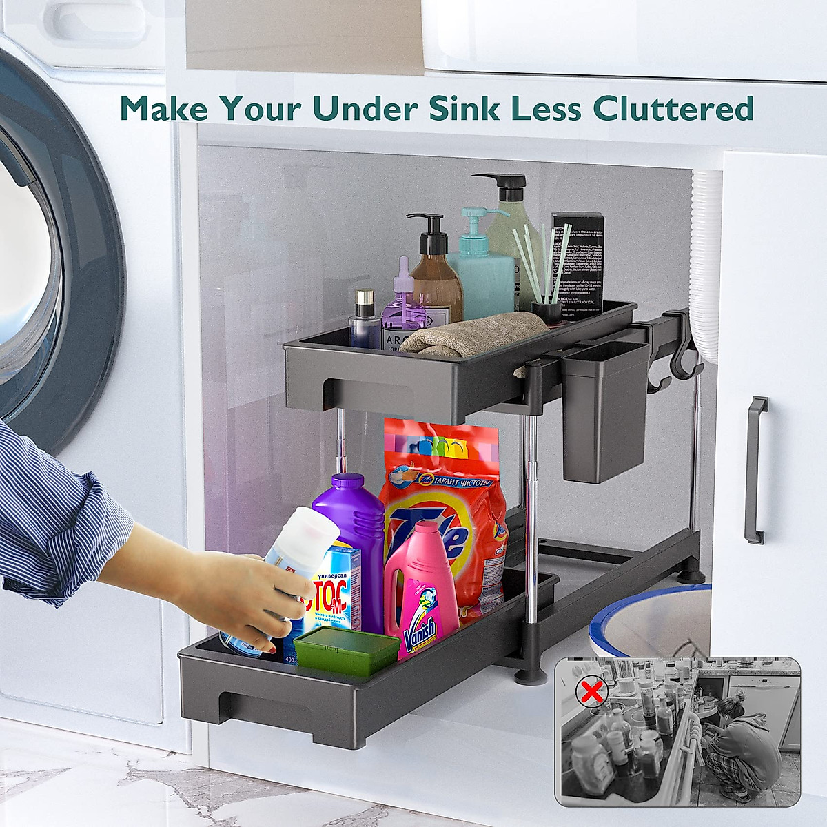 Bathroom Organizer, HEMOPLT Double Sliding Under Sink Organizers and Storage, Adjustable Height Under Bathroom Sink Organizers and Storage, Non-slip Mat Bathroom Drawer Organizers