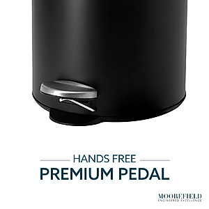 Moorefield Round Soft-Close Step On Bathroom Wastebin, Stainless Steel 1.3 Gallon Trash Can with Premium Pedal and Lid (Matte Black)