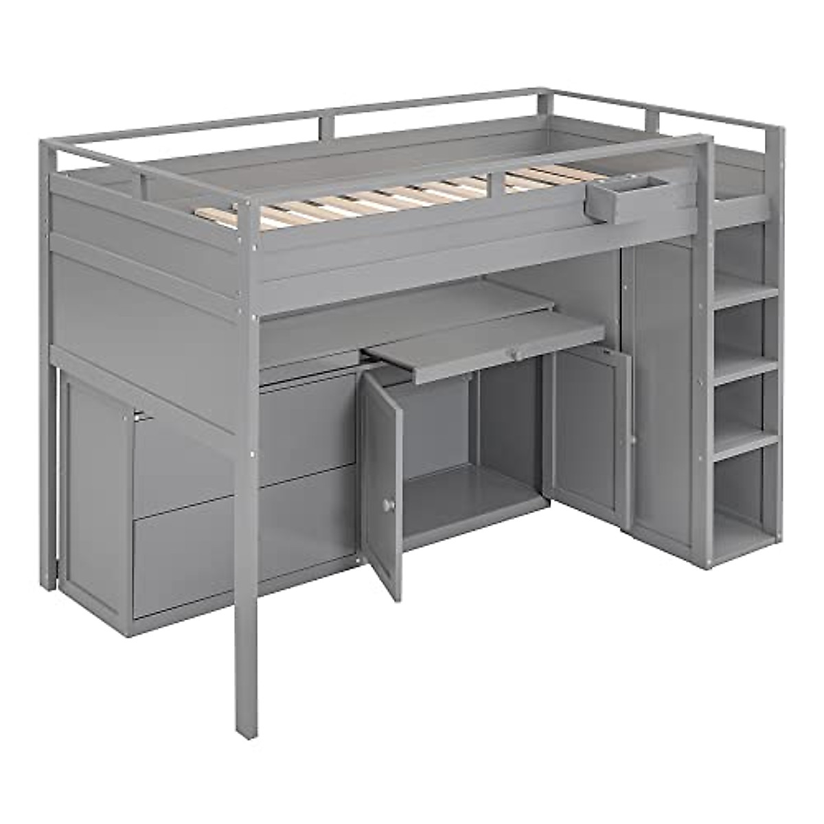 DRELOFT Loft Bed, Twin Size Wooden Loftbed with Rolling Cabinet and Desk for Kids and Teens Boys Girls, Versatility Loft Bed Frame for Home, No Box Spring Needed, Gray