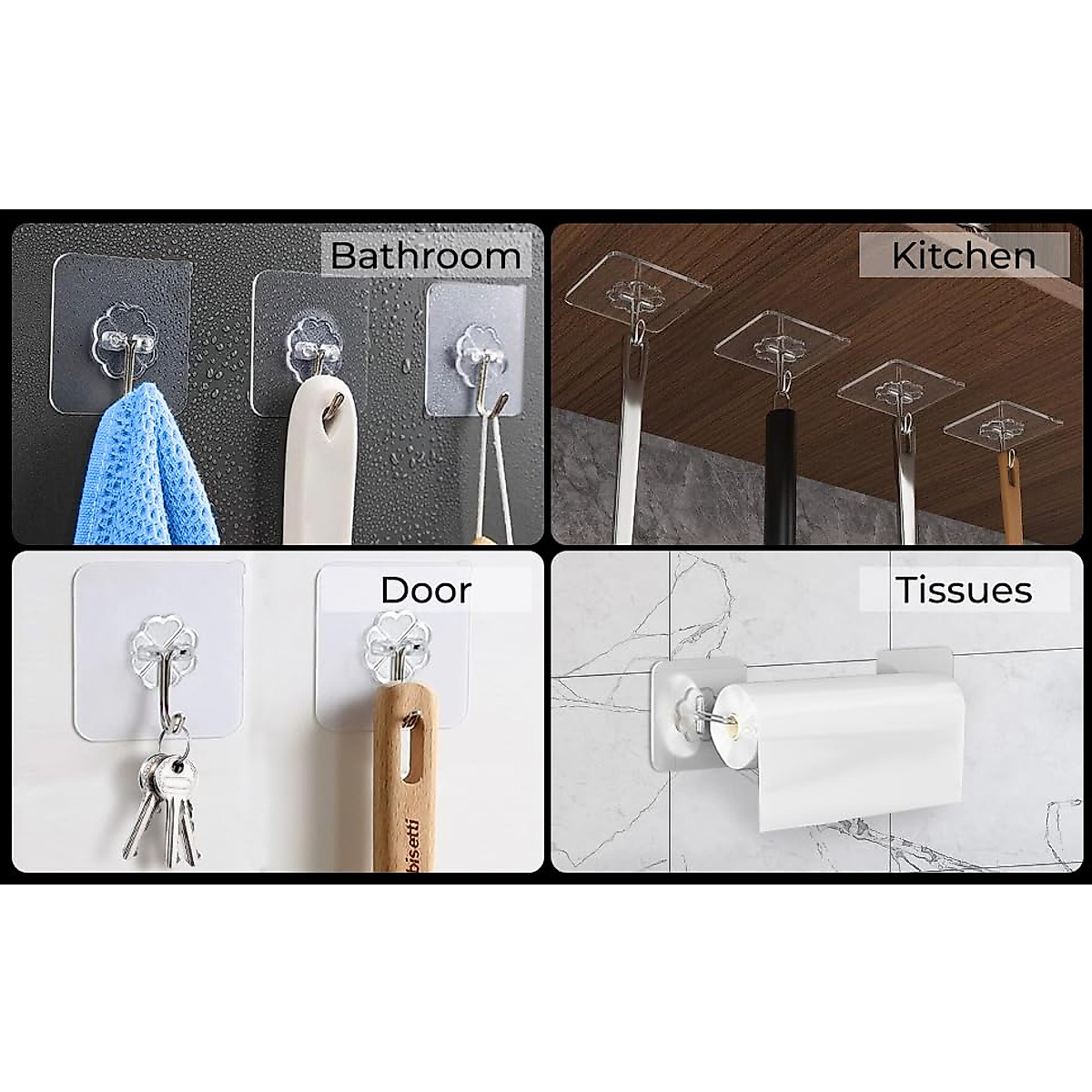 AMAZOPEN Self Adhesive Hooks - 24 Packs of Transparent Wall Door Hooks Stick On/Extra Strong Sticky Hooks for Hanging Coat, Cloth, Towel, Key and More