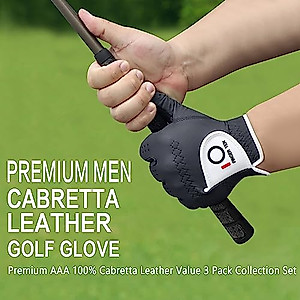 FINGER TEN Golf Gloves Men Right Handed Golfer Left Hand 3 Pack Cabretta Leather White Soft All Weather Grip Breathable Lightweight Flexible Glove (Dark Blue, Medium, Left)