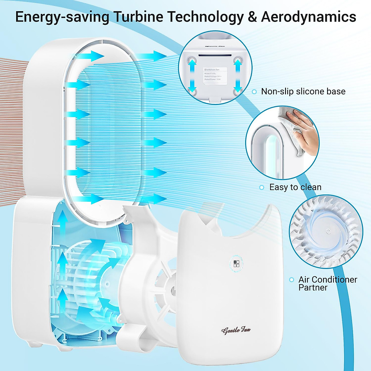 Elyss Desk Fan Tower Small Bladeless Fan,Air Circulator 4 Winds 5 Lights,11.8 Inch Portable with Battery Rechargeable Quiet Table Air Cooler,Desk Cooler Personal Nightstand WHITE AAAFAN