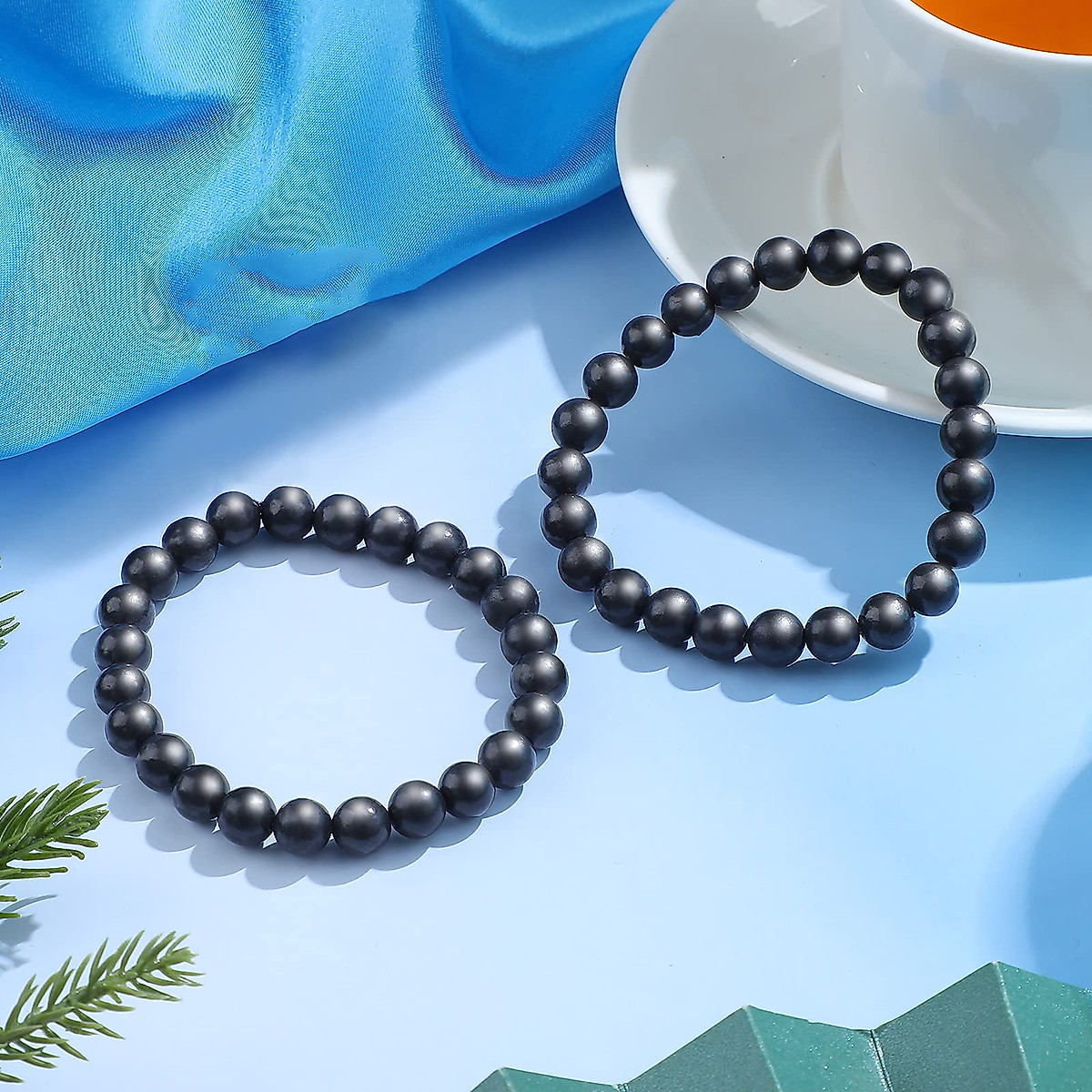 Hicarer 2 Pieces Shungite Bracelet Black Shungite Beads Crystal Stretchy Stones Bracelets Energy Jewelry Powerful Defender Spiritual Healing Chakra Balance for Men Women(6 mm)