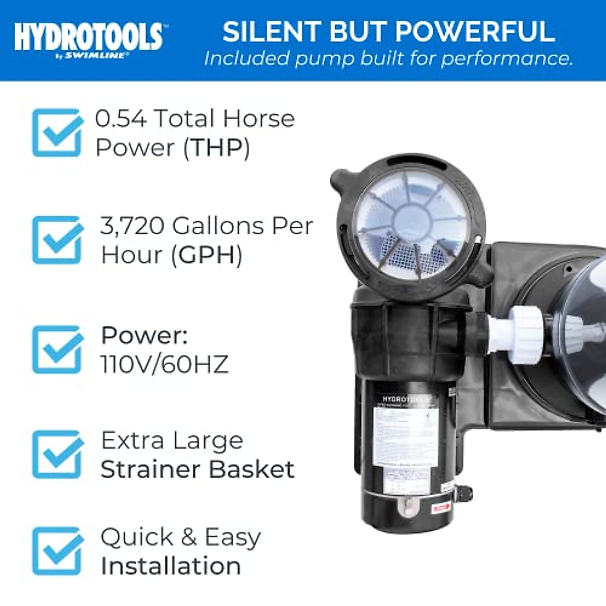 Swimline HYDROTOOLS Sure-Flo Cartridge Pool Filter Complete System for Above Ground Pools | 50 SQ FT | 0.54 THP DOE Compliant Pump 3720 GPH | for Pools Up to 15600 Gallons | Energy Efficient