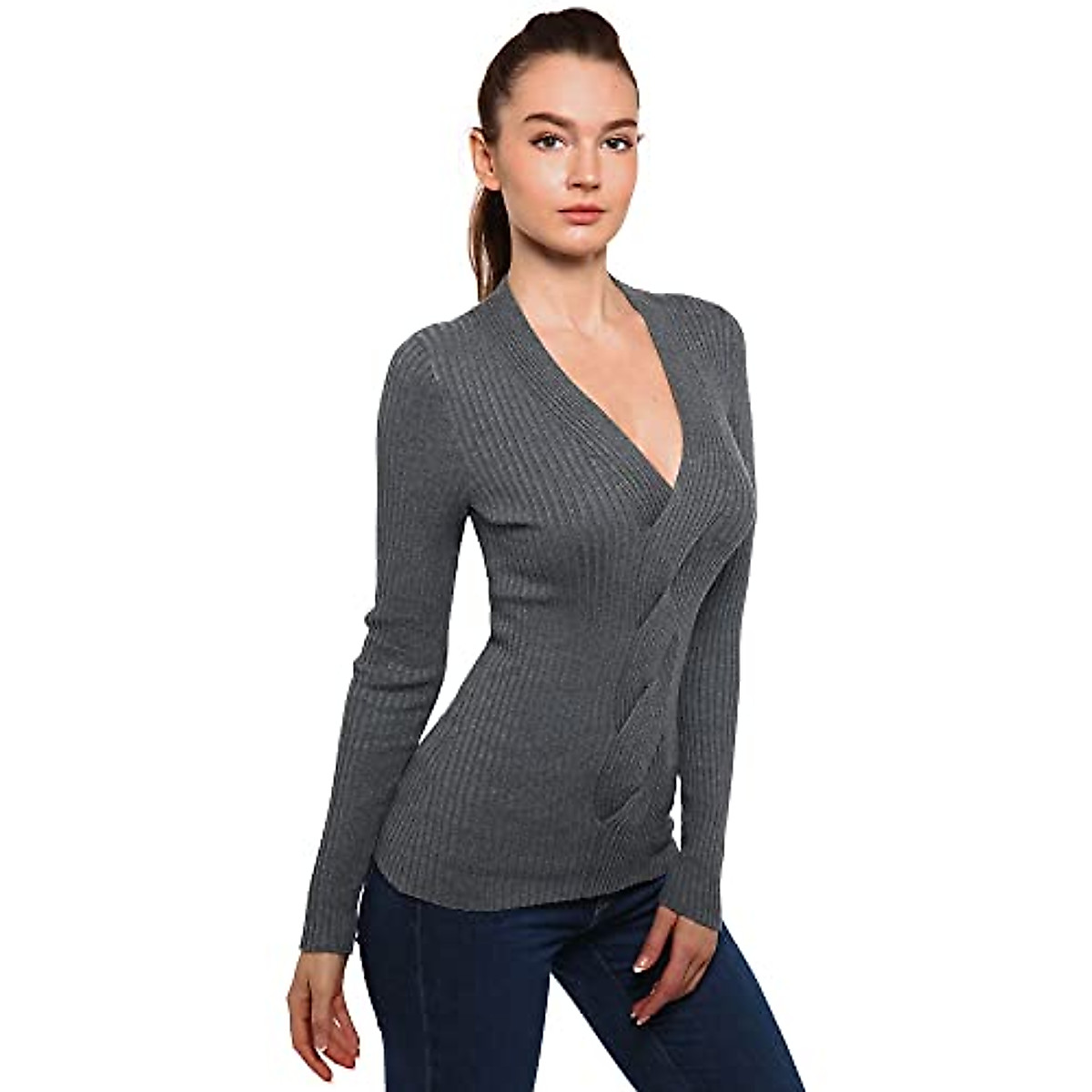 AmélieBoutik Women V Neck Twist Front Cable Knit Long Sleeve Ribbed Sweater (Dark Gray Small)