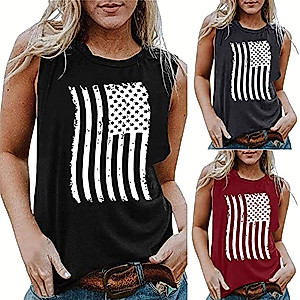 wodceeke Womens American Flag Print Tank Tops Sleeveless Loose T-shirt Independence Day Blouse Tops (Black, L)
