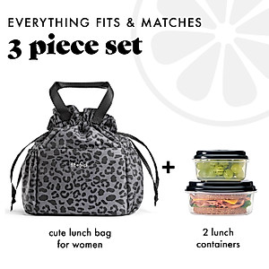 Fit & Fresh Lunch Bag For Women, Insulated Womens Lunch Bag For Work, Stain-Resistant Large Lunch Box For Women With Containers, Cinch Closure Cromwell Bag, Black Cheetah