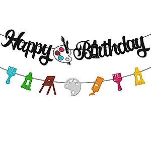 Painting Happy Birthday Banner Slime Bday Decoration Spray Graffiti Drawing Art Artist Painter Brush Palette Themed Happy Birthday Decoration for Girl Boy Kids Children Birthday Party Supplies