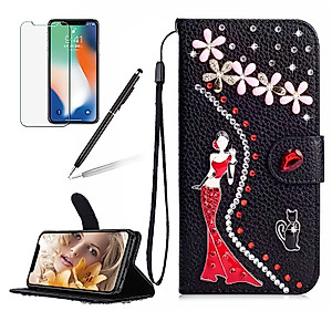 Girlyard Case for Samsung Galaxy A32 5G, Bling Glitter Rhinestone Premium PU Leather Wallet Case with Card Holder Flip Magnetic Kickstand Shockproof Protective Cover - Black, Beauty in Red Dress