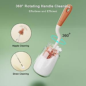 eBanGo Silicone Bottle Brush Set with Stand, 360° Rotating Silicone Bottle Cleaning Brush Cleaner Set, Long Handle 3 in 1 Multipurpose Silicone Baby Bottle Gap Cap Cleaner Brush (Orange)