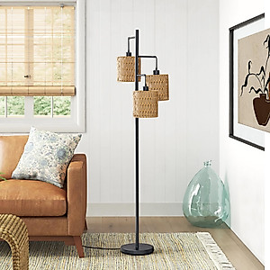 Maxax Rattan Floor Lamp, 3 Lights Farmhouse Tree Standing Lamp with Wood Rattan Shades, Multi Head Vintage Tall Pole Lamp for Bedroom Living Room, Office - 65 Inches