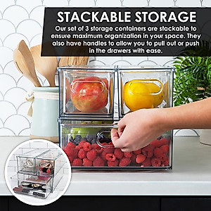 JRA products Pack of 3 Fridge Organizer with Pull-out Drawers Large Stackable Refrigerator Organizer Bins Set with Handles Clear Pantry Storage Bins for Kitchen, Freezer, and Cabinet